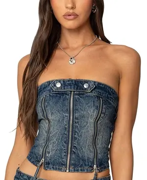 EDIKTED Guinevere Washed Denim Zip Top