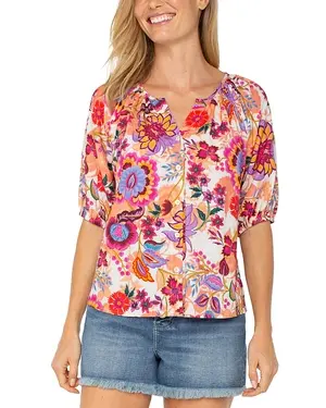 LIVERPOOL Short Sleeve Floral Button Up Top - Floral Paradise Multi