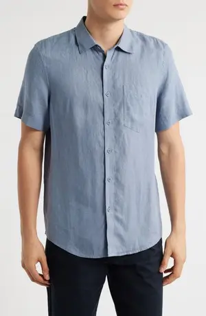 Nordstrom Solid Short Sleeve Linen Button-up Shirt Blue Chip