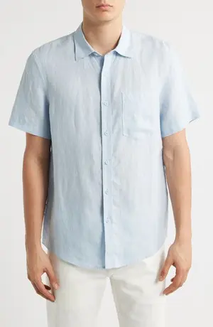 Nordstrom Solid Short Sleeve Linen Button-up Shirt Blue Skyway