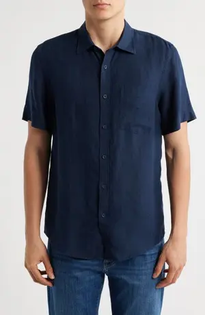 Nordstrom Solid Short Sleeve Linen Button-up Shirt - Navy Blazer