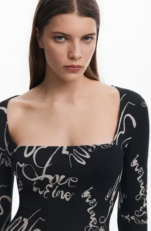 Desigual Love Print Long Sleeve Body-con Midi Dress