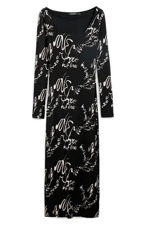 Desigual Love Print Long Sleeve Body-con Midi Dress