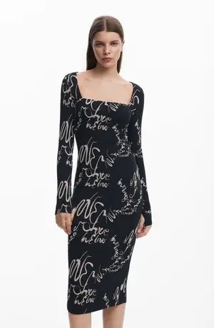 Desigual Love Print Long Sleeve Body-con Midi Dress