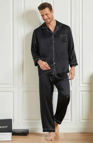 SILKSILKY Silk Lapel Long Sleeve Pajamas Set - Black