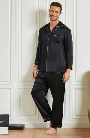 SILKSILKY Silk Lapel Long Sleeve Pajamas Set - Black