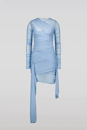 SAEMDI Draped Mesh Mini Dress - Light Blue