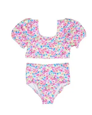 FLORENCE EISEMAN Floral Pique Tricot Puff Sleeve Bikini - Multicolor
