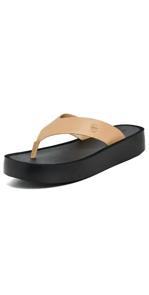 Tory Burch Leather Platform Flip Flops - Ginger Shortbread/black
