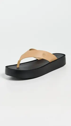 Tory Burch Leather Platform Flip Flops - Ginger Shortbread/black
