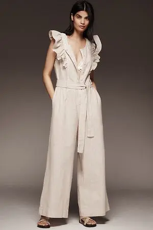 Anthropologie Linen Blend Ruffle Jumpsuit