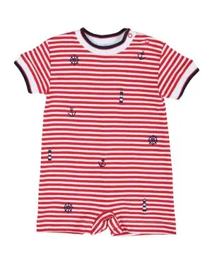 FLORENCE EISEMAN Stripe Knit Shortall With Nautical Embroidery - Red / White