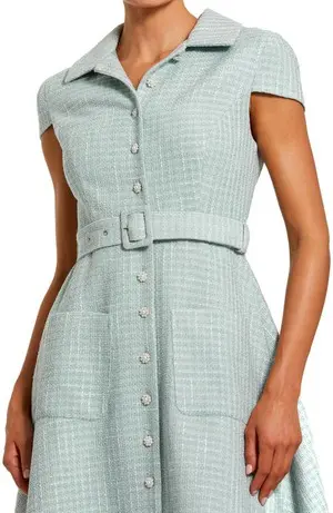 Mac Duggal Belted Boucle Cap Sleeve Midi Dress