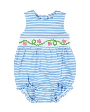FLORENCE EISEMAN Stripe Knit Romper With Appliqué Strawberries - Light Blue / White