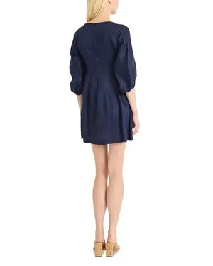 LUXELY Linen Long Sleeve Mini Dress - Evening Blue