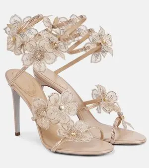 Rene Caovilla Floral-appliqué Satin Sandals - Beige