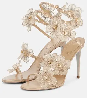 Rene Caovilla Floral-appliqué Satin Sandals - Beige