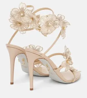 Rene Caovilla Floral-appliqué Satin Sandals - Beige