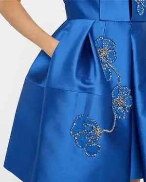 Dice Kayek Floral Embroidered Pleated Mini Dress - Blue
