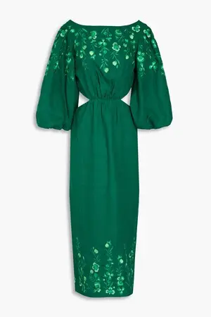 Saloni Neela Cutout Embroidered Linen Midi Dress - Green