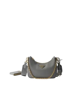 Prada Re-edition 2005 Saffiano Leather Bag With Chain And Woven Strap - Grey