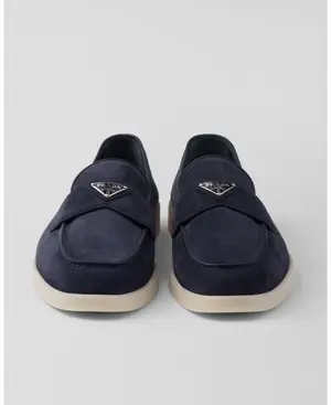Prada Suede Loafers With Metal Triangle Detail - Navy