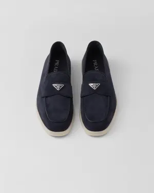 Prada Suede Loafers With Metal Triangle Detail - Navy