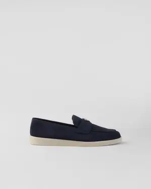 Prada Suede Loafers With Metal Triangle Detail - Navy