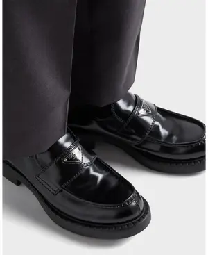 Prada Chocolate Brushed Leather Loafers With Triangle Logo - Black
