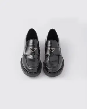 Prada Chocolate Brushed Leather Loafers With Triangle Logo - Black