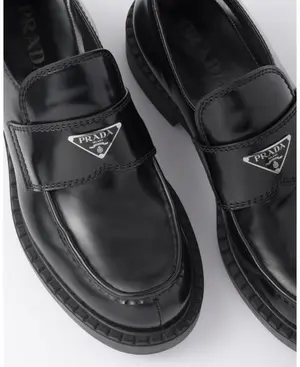 Prada Chocolate Brushed Leather Loafers With Triangle Logo - Black