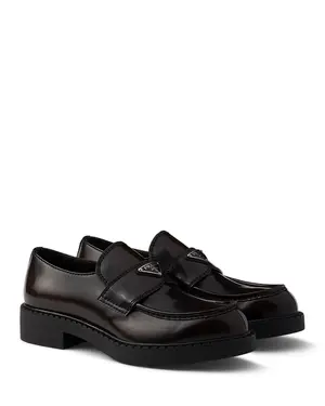 Prada Chocolate Brushed Leather Loafers With Triangle Logo - Brown
