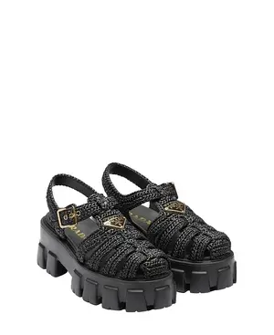 Prada Monolith Crochet Cage Sandals - Black