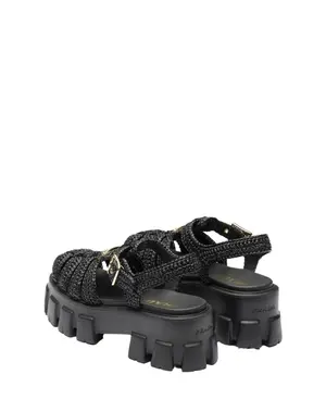 Prada Monolith Crochet Cage Sandals - Black