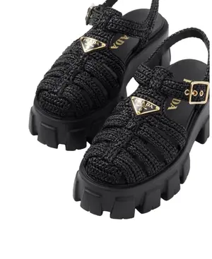 Prada Monolith Crochet Cage Sandals - Black