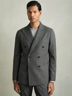 REISS Malibu Regular-fit Double-breasted Sharkskin Wool-blend Suit Blazer