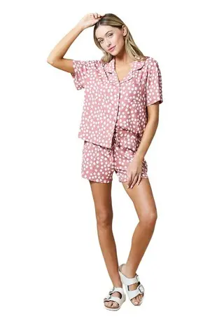 SOFTIES Ariaslim Notch Collar Top And Short Sleepwear Set - Copper Rose Dot