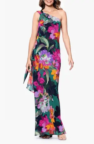 XSCAPE EVENINGS Floral One-shoulder Chiffon Gown - Green/ Multi