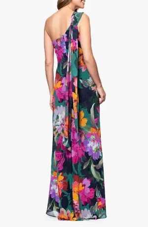XSCAPE EVENINGS Floral One-shoulder Chiffon Gown