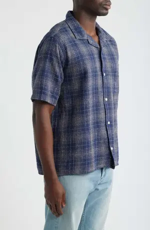 CORRIDOR Wavy Plaid Short Sleeve Cotton & Linen Camp Shirt