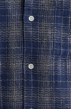 CORRIDOR Wavy Plaid Short Sleeve Cotton & Linen Camp Shirt