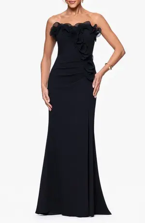 XSCAPE EVENINGS Ruffle Detail Strapless Scuba Crepe Sheath Gown