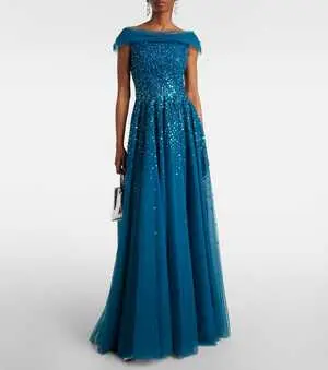 Jenny Packham Bee Crystal-embellished Gown - Blue