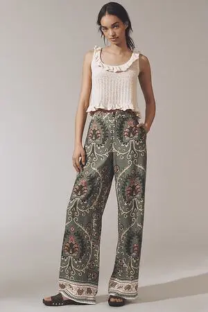 Sanctuary Printed Linen Blend Trouser Pants - Green Pattern