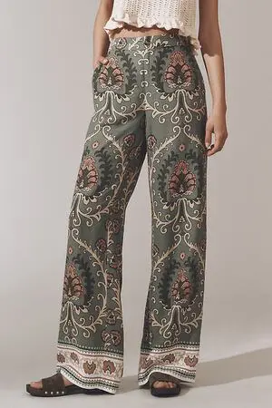 Sanctuary Printed Linen Blend Trouser Pants - Green Pattern