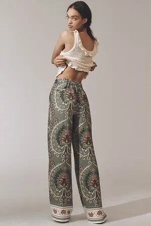 Sanctuary Printed Linen Blend Trouser Pants - Green Pattern