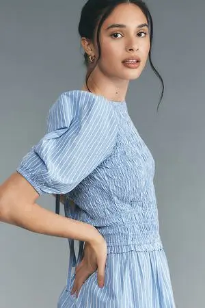 damson madder bluebelle shirred mini dress Damson Madder Puff-Sleeve Shirred Mini Dress In Blue - 43% Off
