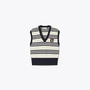 Tory Burch V-neck Wool Sweater Vest - New Ivory City Stripe