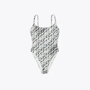 Tory Burch Gemini Link One-piece Swimsuit - New Ivory Distressed Pixelated Logo