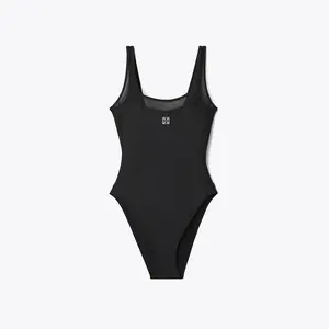 Tory Burch Mesh Neckline Tank Swimsuit - Black/black